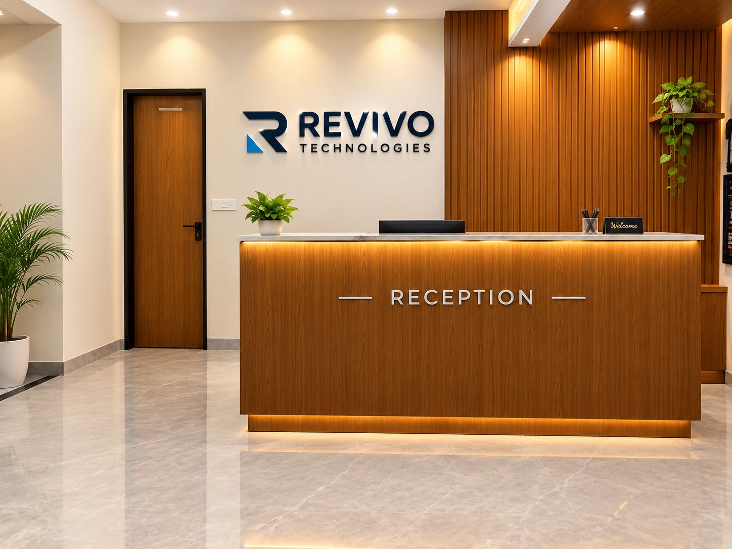 Uma mesa de recepção com uma placa indicando 'RECEPTION', o logotipo de 'REVIVO TECHNOLOGIES' na parede e um vaso de planta no balcão.