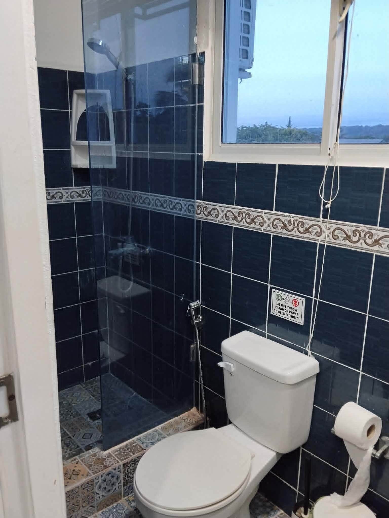 Uma casa de banho com sanita branca, cabine de duche em vidro e janela com vista.