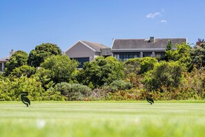 Um campo de golfe com um clube e uma casa grande ao fundo.