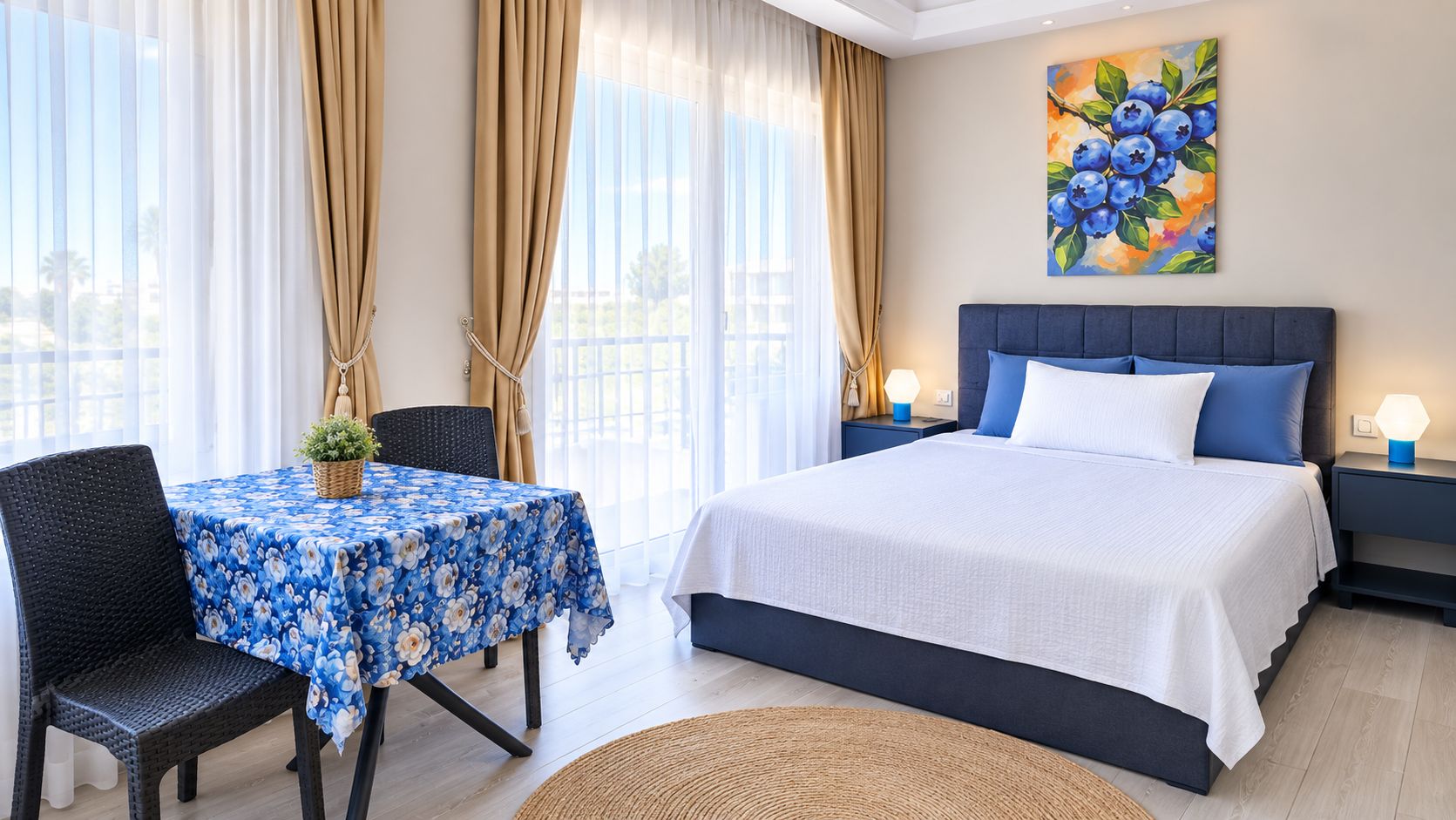 Quarto de hotel com cama, mesa com toalha de mesa florida, cadeira, pintura de mirtilos e vista para o exterior.