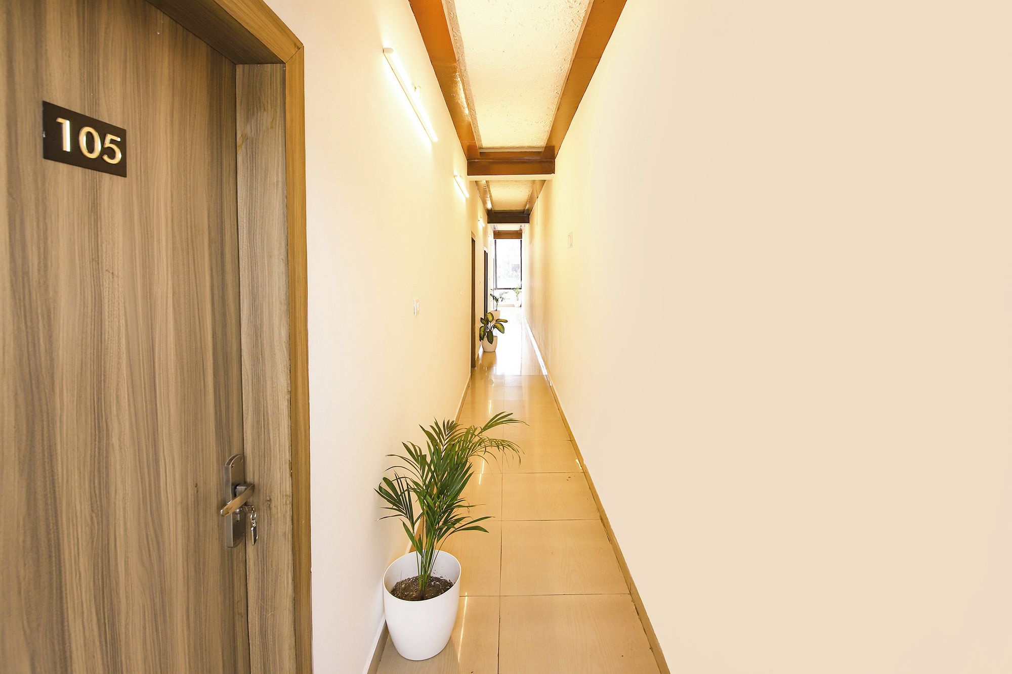 Corredor com porta de madeira com a placa '105', um vaso de planta e vista para um quarto no final.