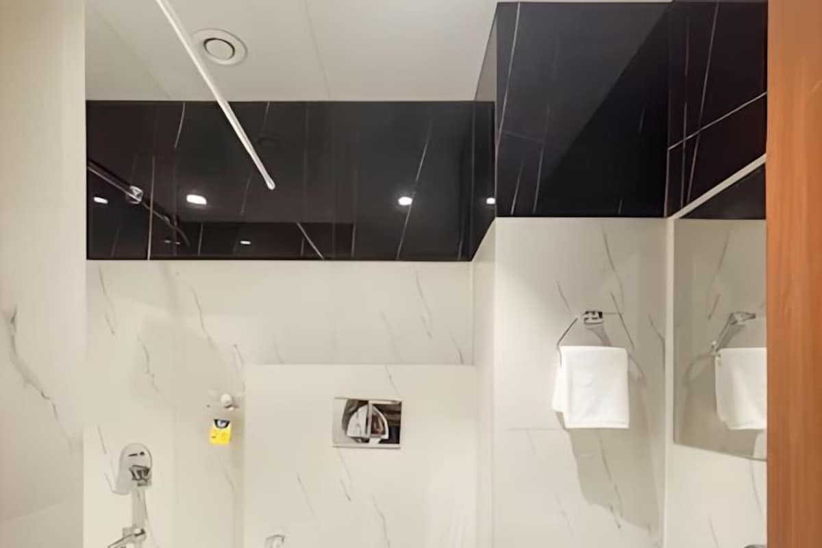 Apartamento Standard | Casa de banho | Um polibã, artigos de higiene pessoal grátis, toalhas fornecidas, sabão 