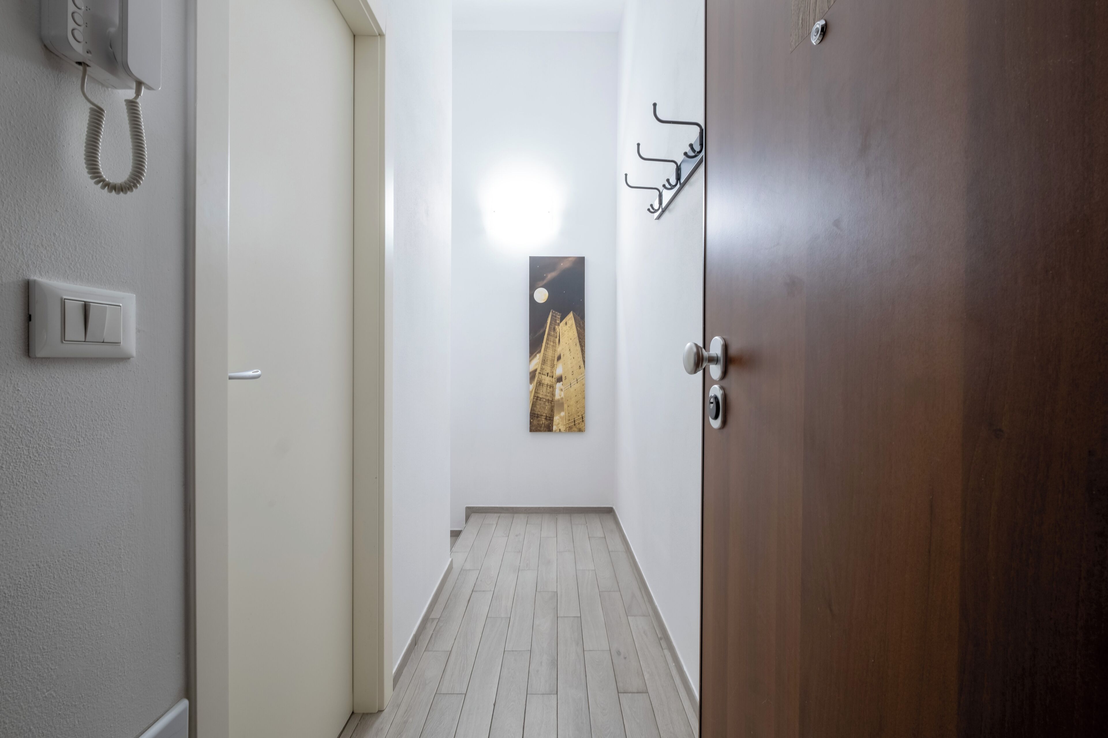 Um corredor com porta de madeira, interruptor de luz, telefone e um quadro pendurado na parede.