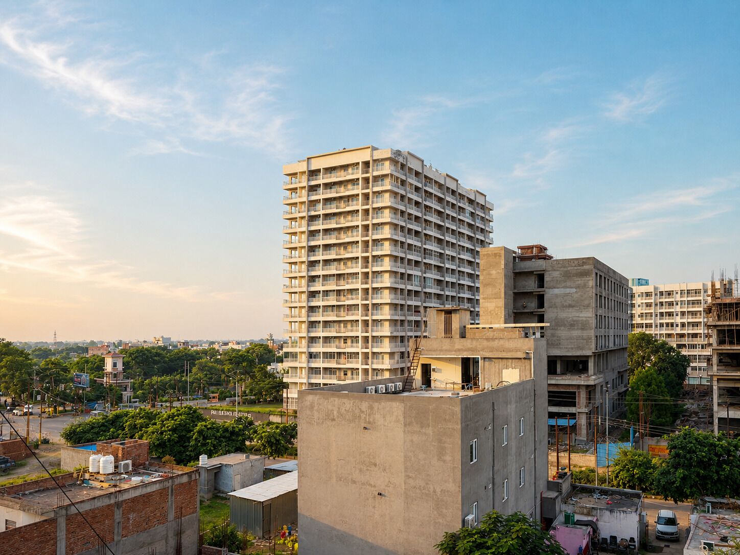 Edifício residencial de vários andares com varandas, cercado por vegetação e outros edifícios.