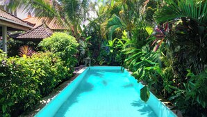 Piscina rodeada por vegetação tropical exuberante.