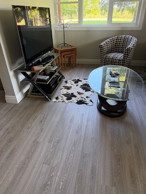 Uma sala de estar com televisão de tela plana, mesa de centro de vidro, poltrona estampada, pequena mesa de madeira com abajur e tapete de couro.