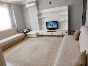 Uma sala de estar com sofá, mesa de centro, televisão em móvel e tapete estampado.