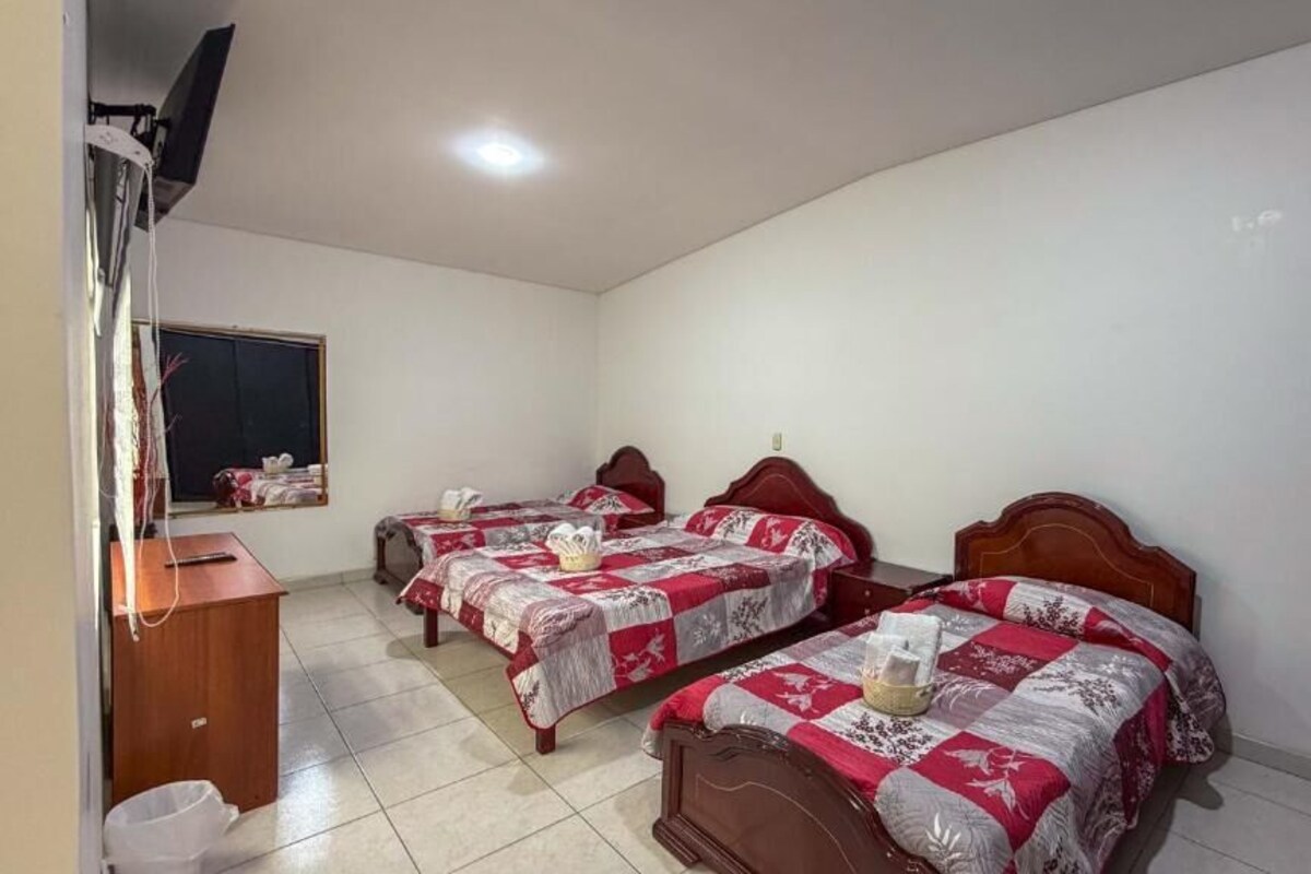 Quarto com duas camas de solteiro, uma escrivaninha de madeira, uma cadeira e uma televisão.