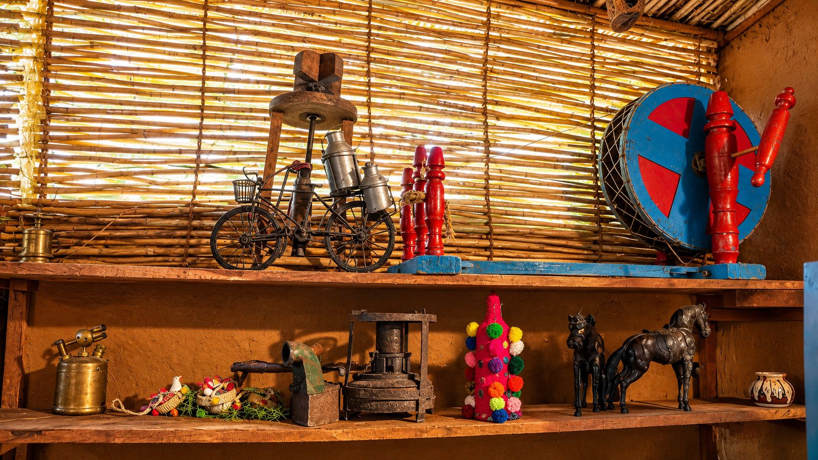 Interior rústico com prateleiras exibindo diversos objetos, incluindo uma bicicleta, recipientes de metal e itens decorativos.