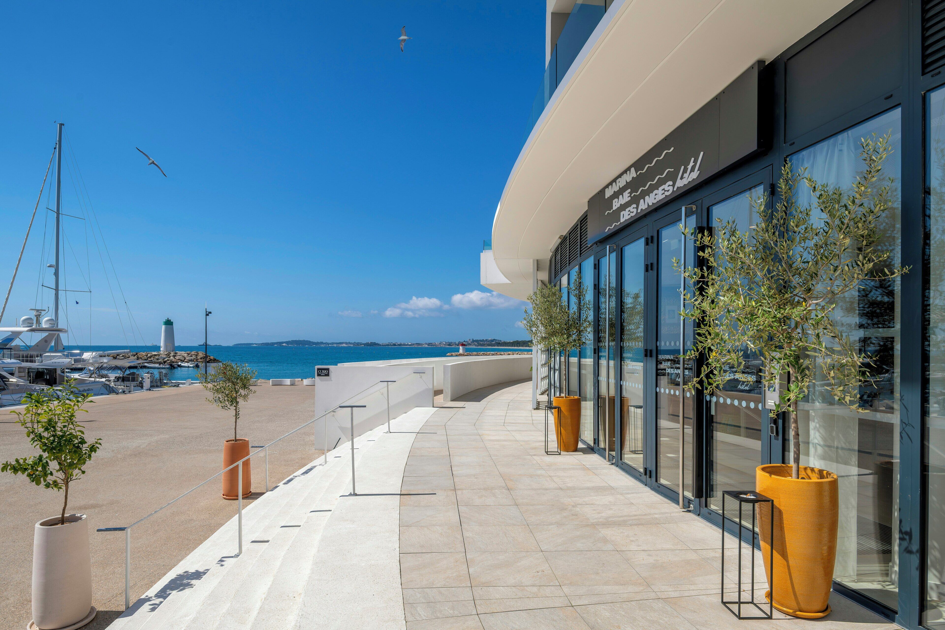 Imóvel à beira-mar com marina, plantas em vasos e vista desobstruída do oceano.
