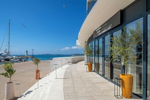 Imóvel à beira-mar com marina, plantas em vasos e vista desobstruída do oceano.