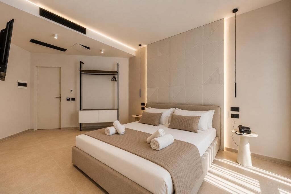 Quarto de hotel moderno com uma cama grande, mesas de cabeceira, televisão de tela plana e armário embutido.