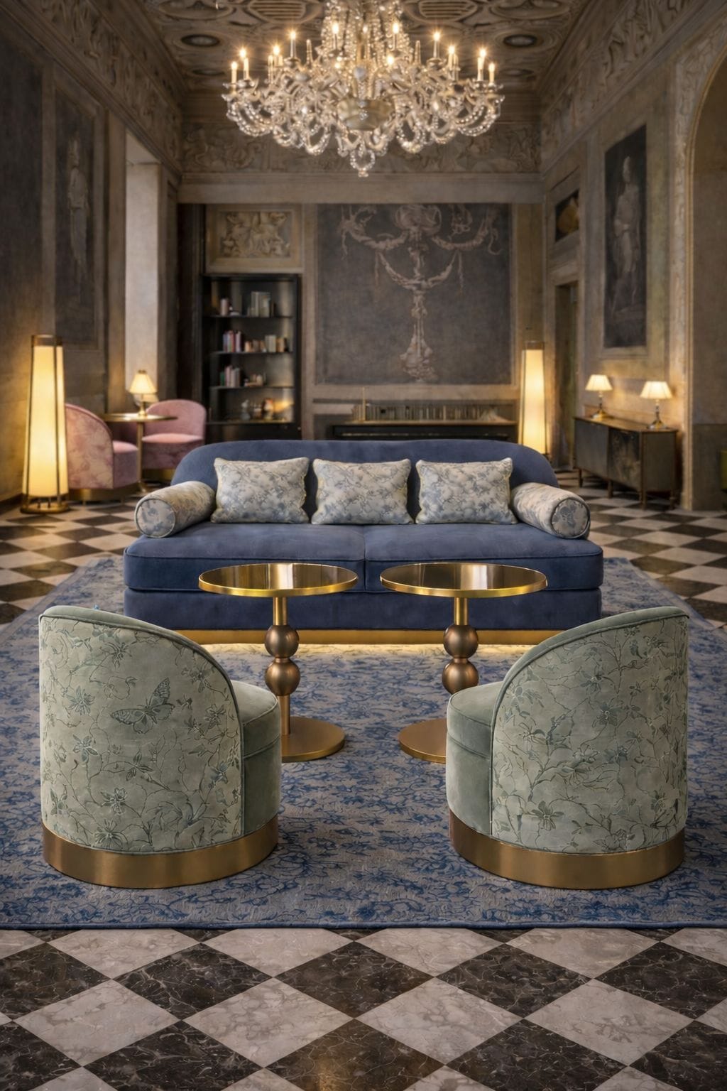 Quarto luxuoso com sofá azul, duas mesas douradas e cadeiras com padrão floral.