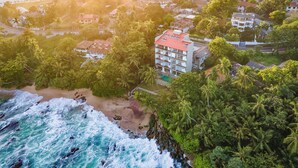 Vista aérea de uma área residencial costeira com casas, praia e palmeiras.