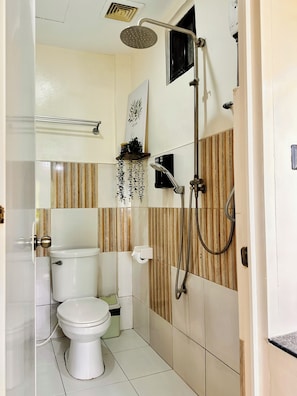 Casa de banho pequena com sanita, chuveiro e um porta-toalhas.