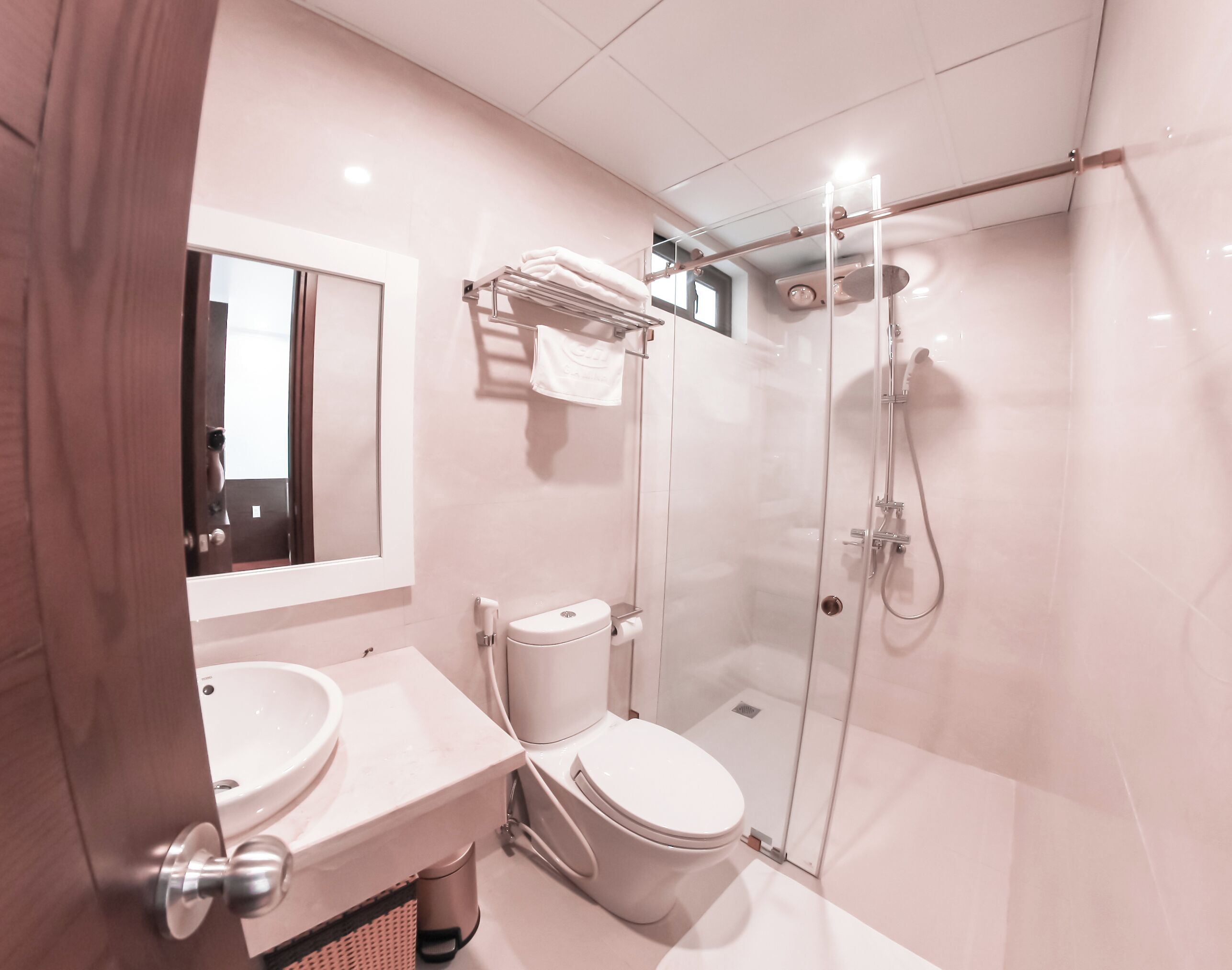 Uma casa de banho moderna com chuveiro envolto em vidro, sanita e lavatório.