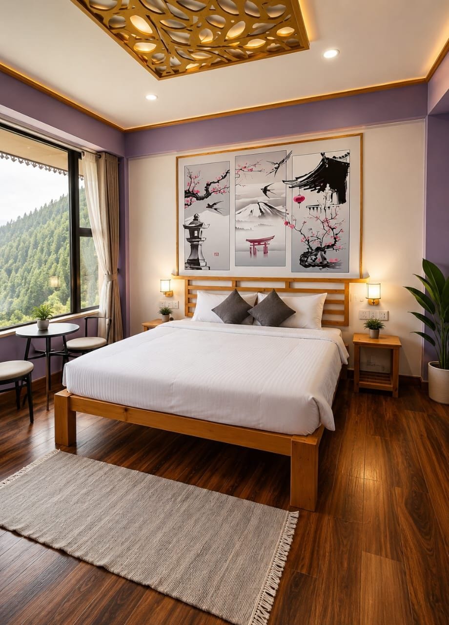 Quarto com uma cama grande, vista para uma floresta pela janela e luminária no teto.