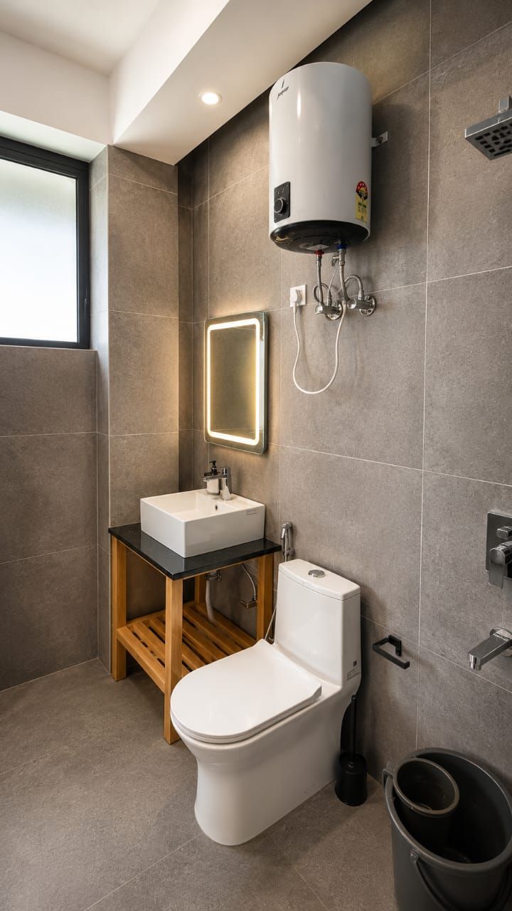 Uma casa de banho moderna com sanita, lavatório e chuveiro.