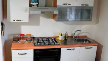 Cozinha compacta com fogão a gás, forno embutido, pia e micro-ondas.