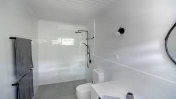 Casa de banho moderna com chuveiro, sanita e lavatório.