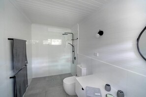 Casa de banho moderna com chuveiro, sanita e lavatório.