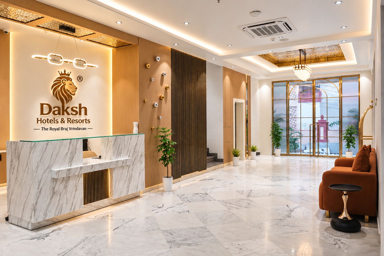 Uma área de recepção de hotel com um balcão de mármore, o logotipo de Daksh Hotels & Resorts e um design de interiores moderno.
