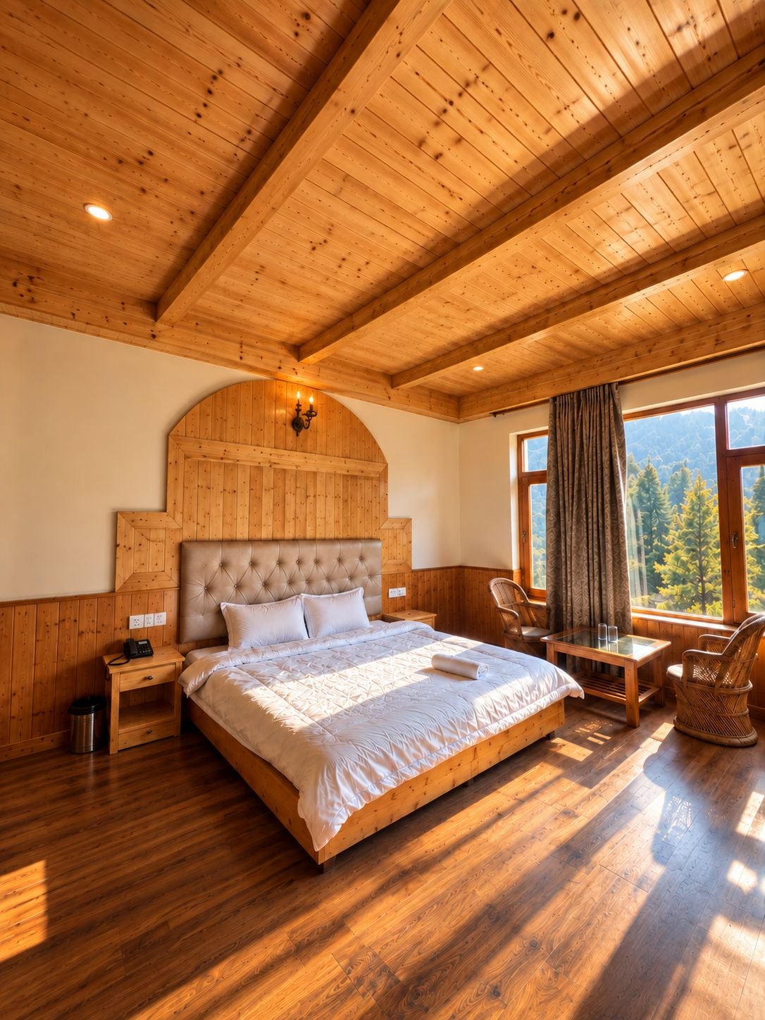 Quarto com painéis de madeira, uma cama grande, mesa de cabeceira, abajur e vista para árvores pela janela.