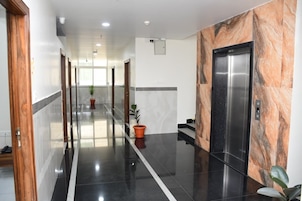 Corredor de hotel com piso lustroso, planta em vaso e elevador.
