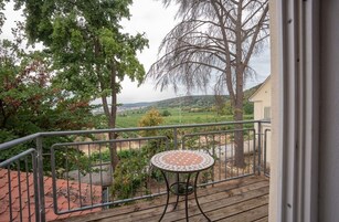 Varanda com guarda-corpo de metal, uma mesa redonda pequena e vista para um vinhedo e edifícios ao longe.