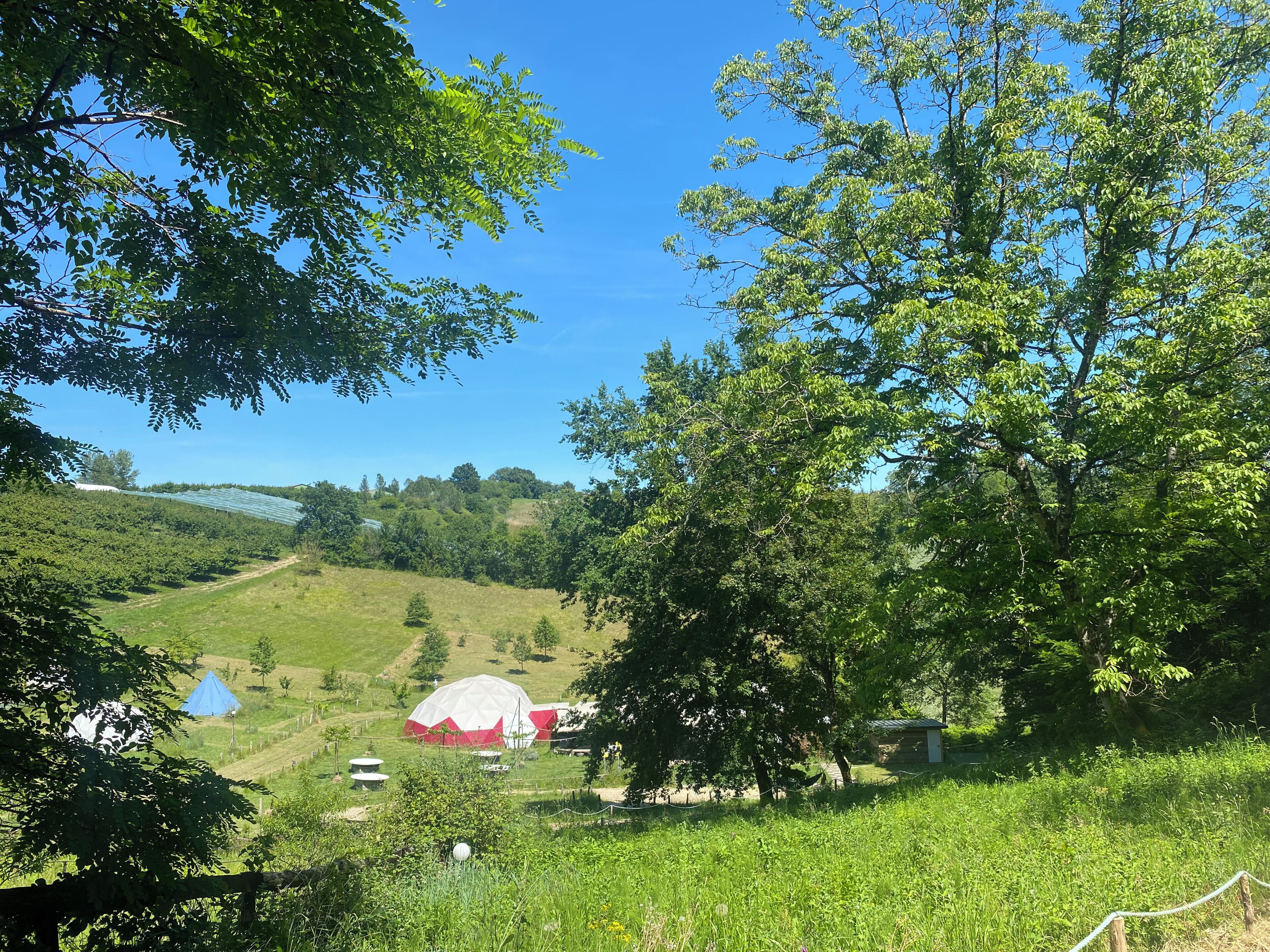 Paisagem rural com uma grande tenda branca e uma tenda vermelha menor, rodeadas por vegetação exuberante e árvores.