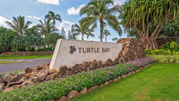 Placa indicando Turtle Bay, com muro de pedra, grama verde e plantas tropicais.