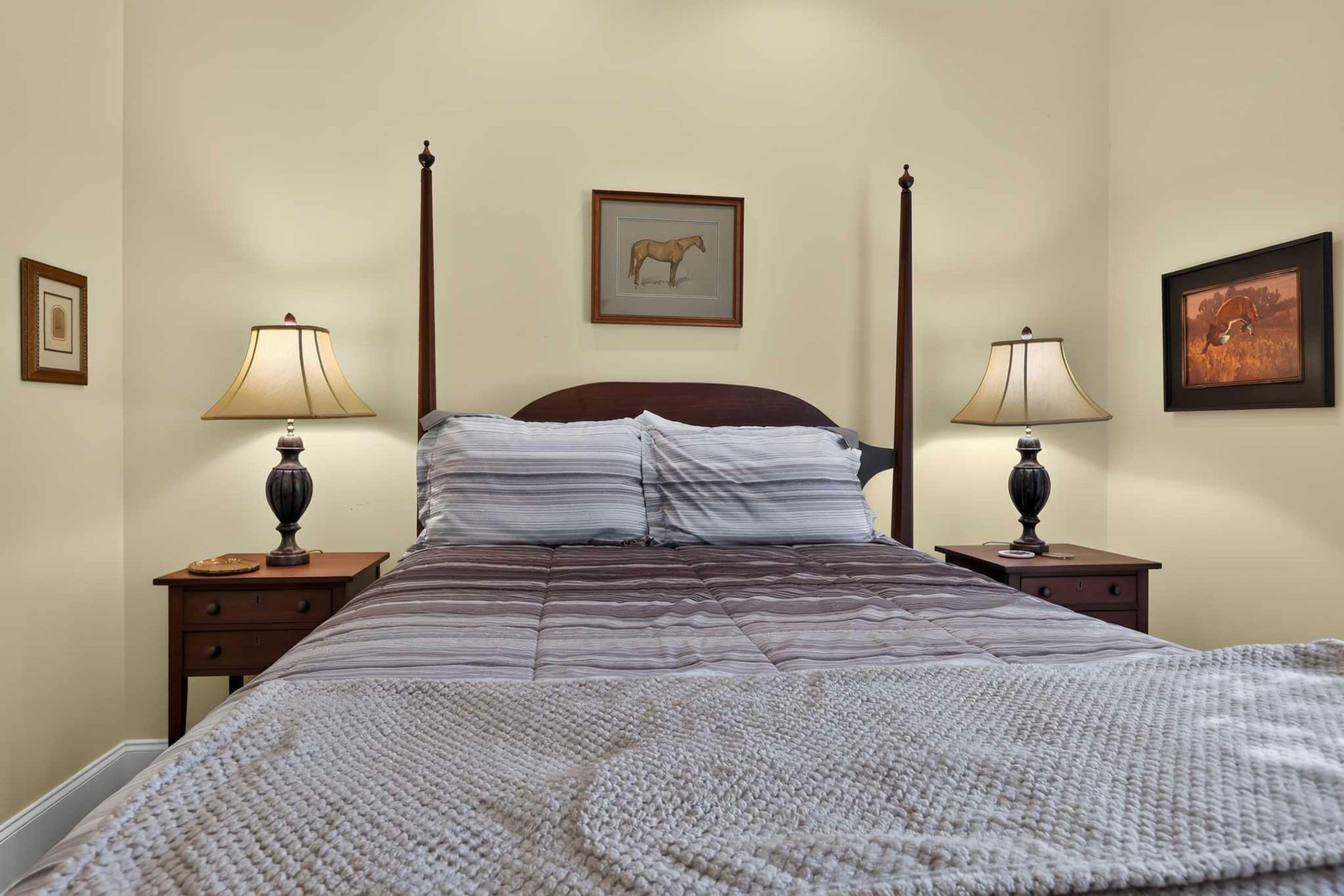 Quarto de hotel com uma cama grande, duas mesas de cabeceira, um quadro de um cavalo e um quadro de um cachorro.
