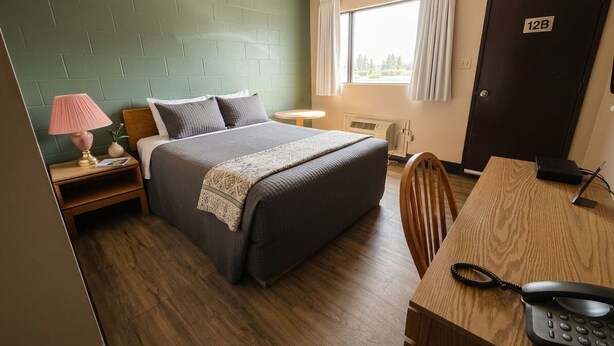 Quarto de hotel com cama, mesa de cabeceira, abajur, escrivaninha com telefone e porta com a etiqueta '12B'.