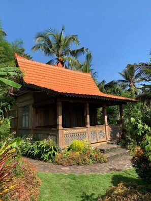Uma construção de madeira tradicional com telhado de telhas, cercada por vegetação exuberante e palmeiras.