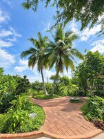 Caminho de paralelepípedos em um jardim cercado por vegetação exuberante e palmeiras.