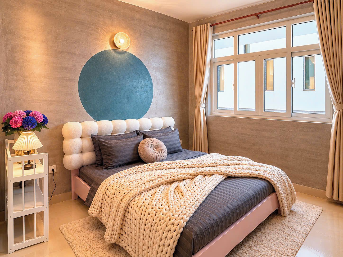 Quarto com cama, luminária de cabeceira, um vaso com flores e janela com cortinas.