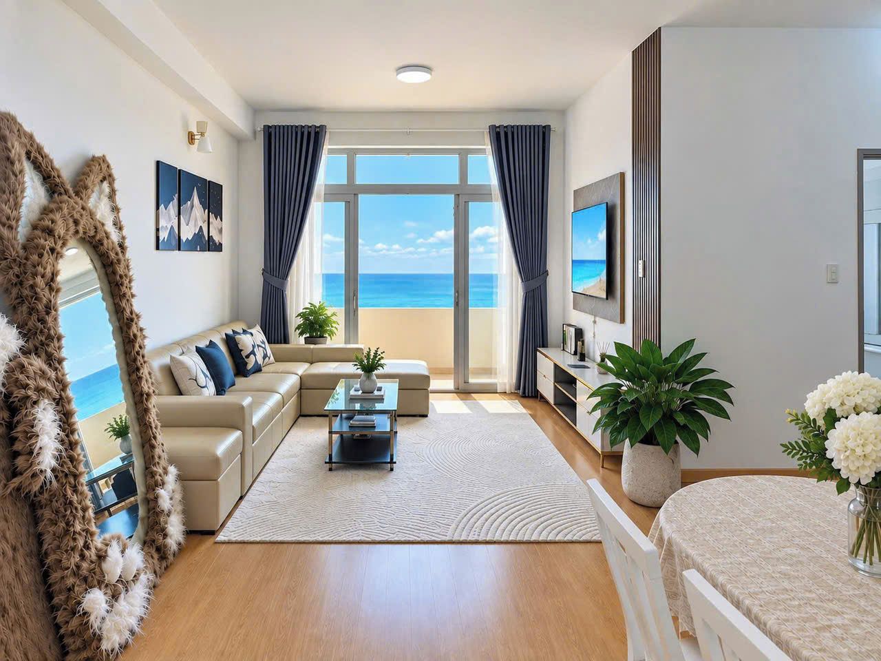 Sala de estar moderna com sofá, mesa de centro e vista para o mar através de grandes janelas.