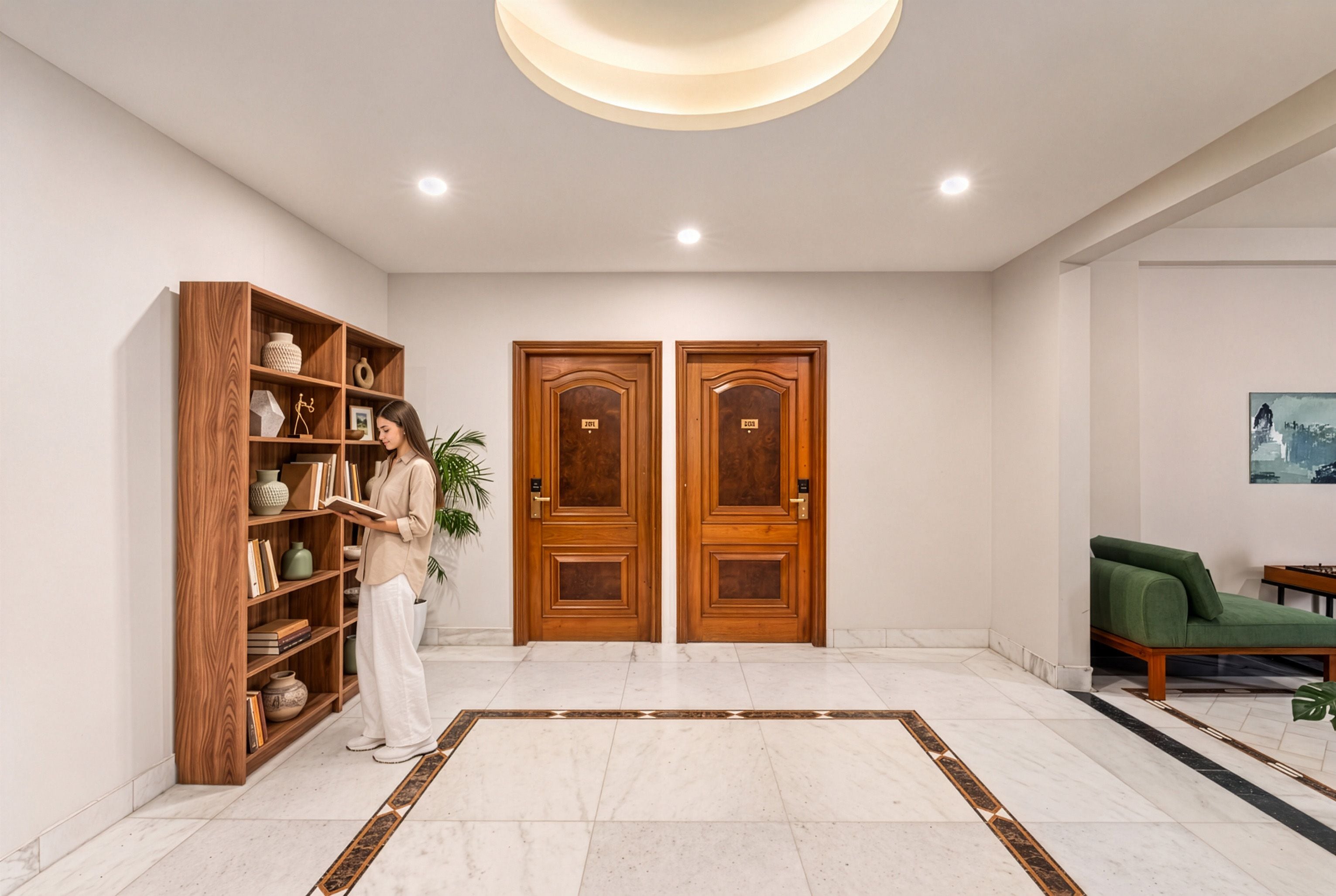 Um interior moderno com estante de madeira, portas duplas, sofá verde e piso de mármore.