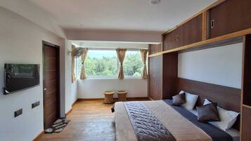 Quarto com cama, televisão, janela com cortinas e piso de madeira.