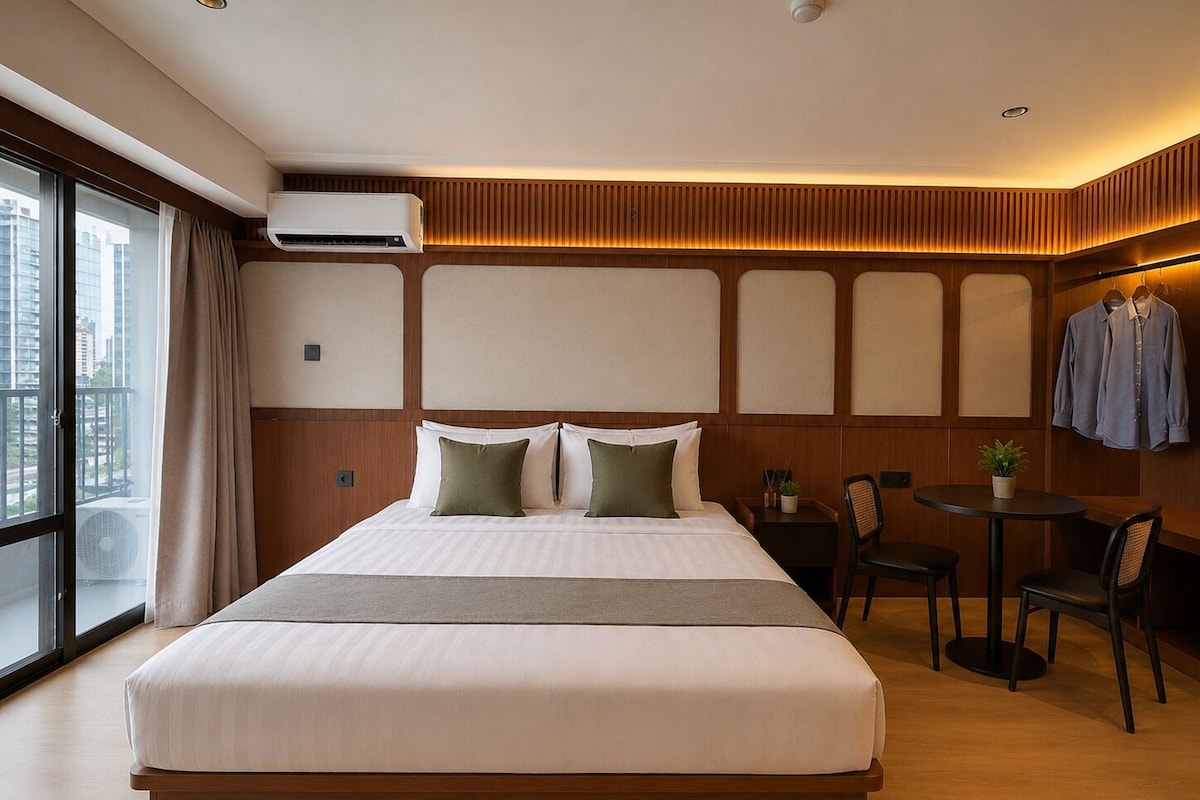 Quarto de hotel com uma cama grande, uma mesa pequena, cadeiras, uma planta em vaso e vista para a cidade pela janela.