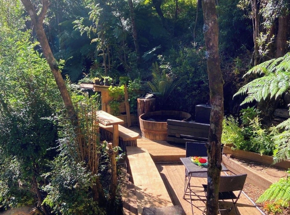 Um deck de madeira com móveis externos, rodeado por vegetação densa e árvores.