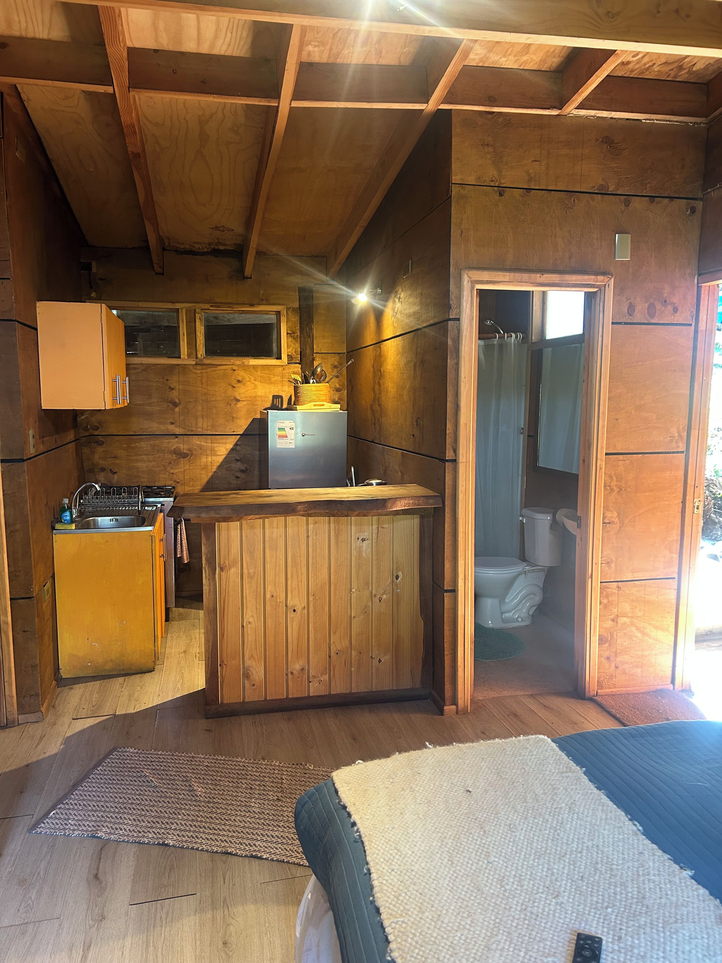 Uma cabana de madeira compacta com cozinha compacta, banheiro e um pequeno espaço para dormir.