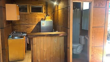 Uma cabana de madeira compacta com cozinha compacta, banheiro e um pequeno espaço para dormir.