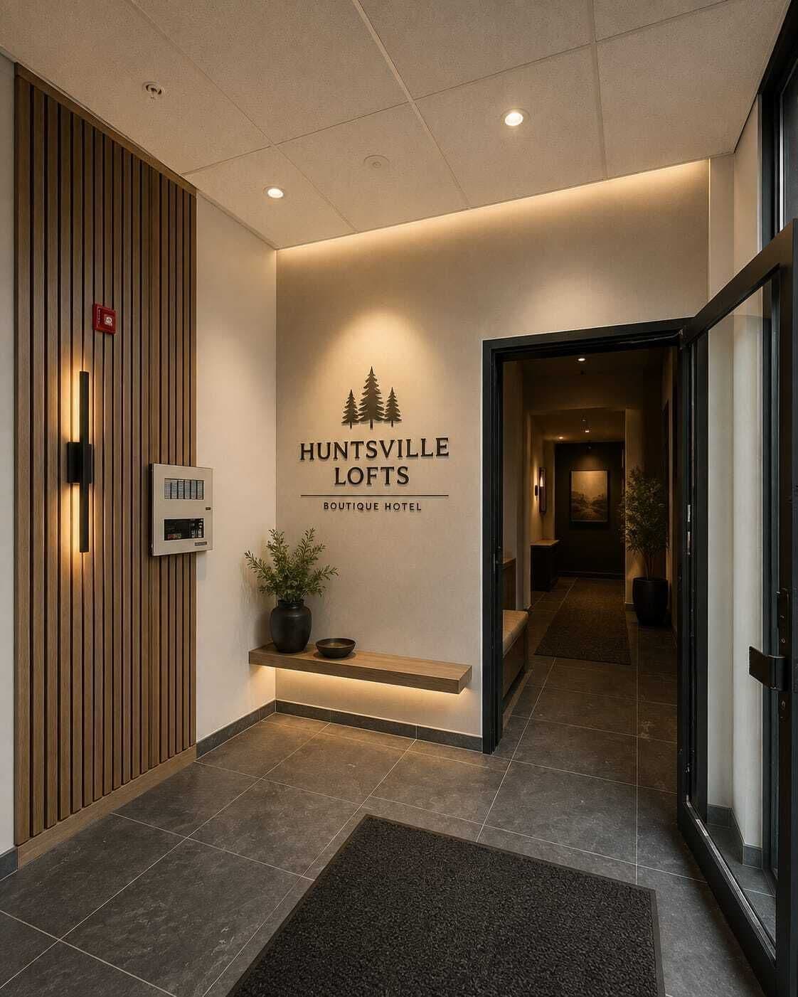 Um saguão de hotel com uma mesa de recepção, um alarme de incêndio fixado na parede, uma planta em vaso e uma placa para Huntsville Lofts Boutique Hotel.