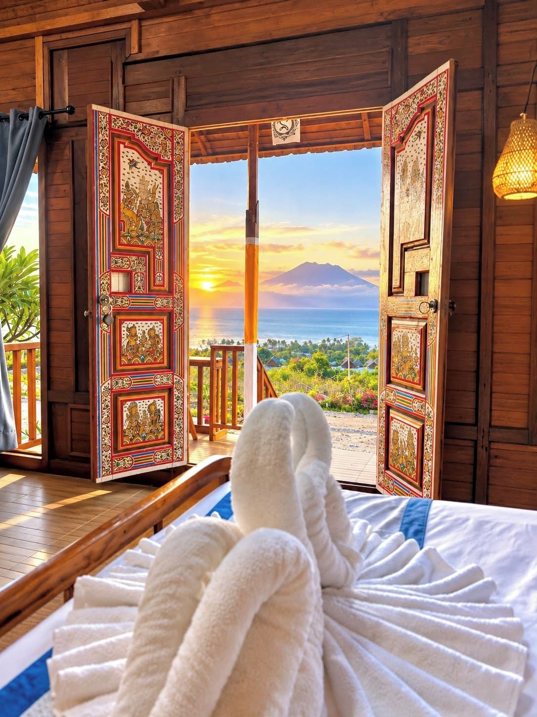 Cama com toalhas brancas, piso de madeira e vista para o pôr do sol sobre o oceano.