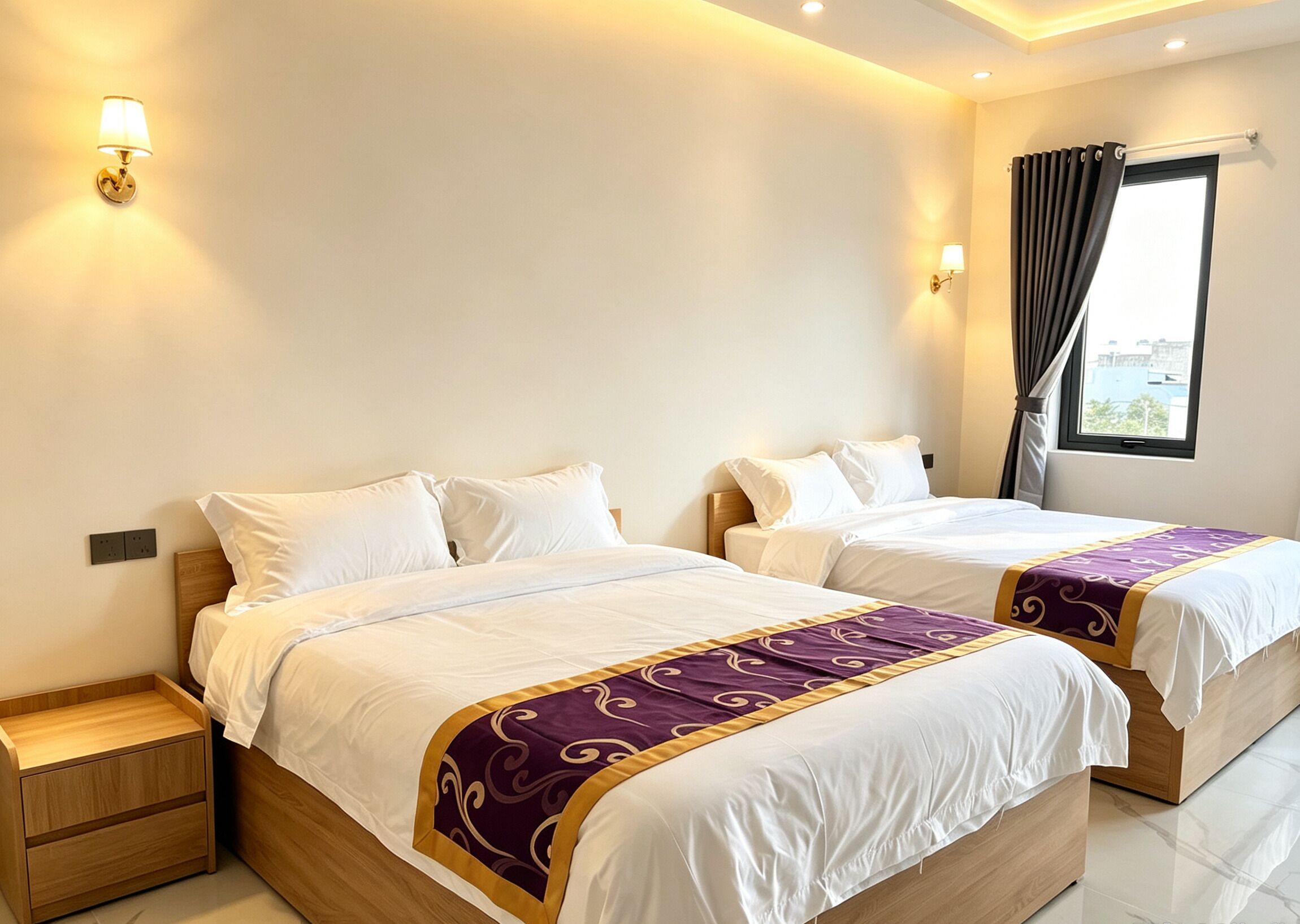 Quarto de hotel com duas camas, cada uma com colcha branca e detalhe roxo decorativo. Há mesas de cabeceira, uma janela com cortinas e luminárias fixadas na parede.