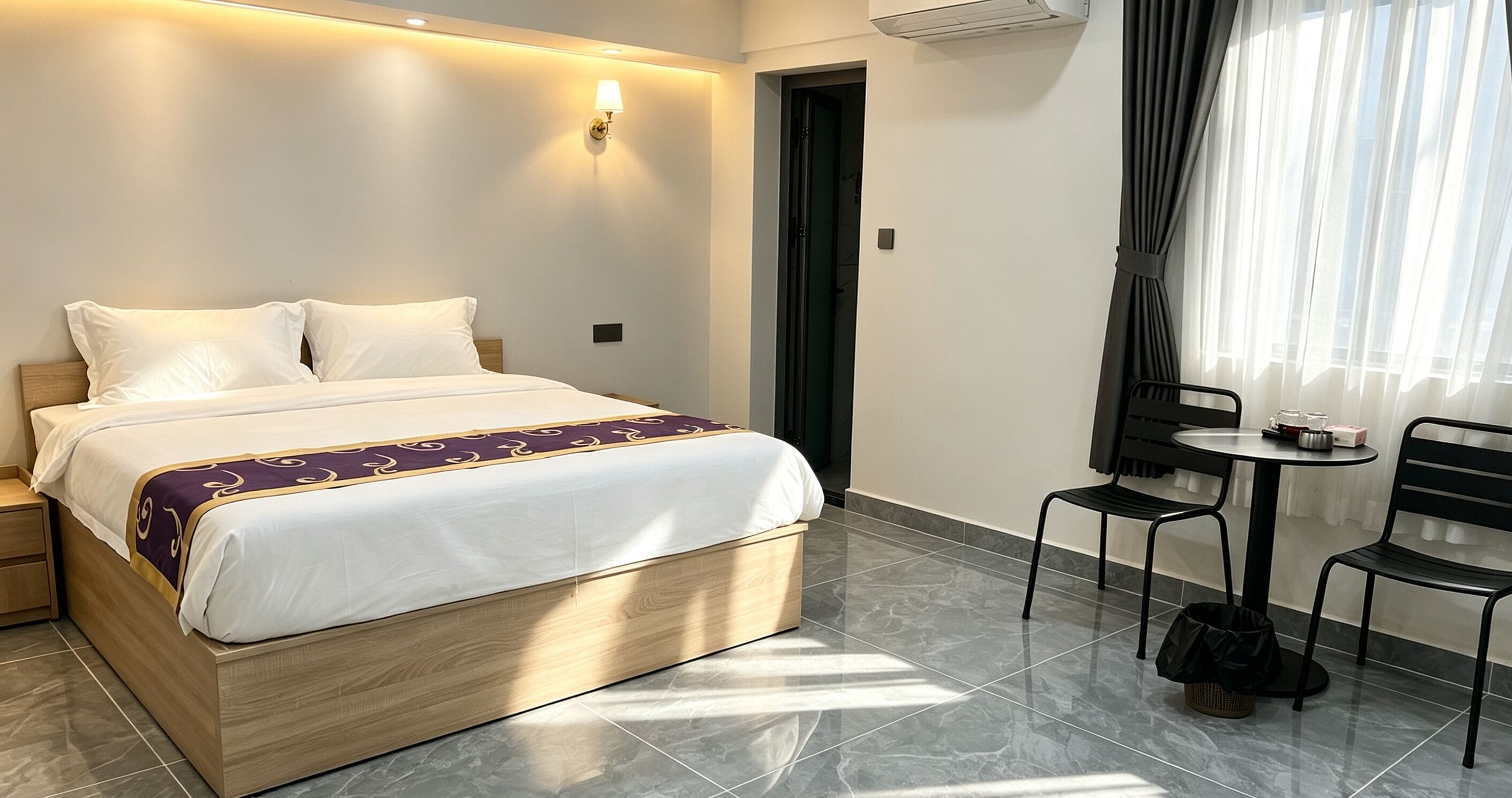 Quarto de hotel com cama, uma pequena mesa com cadeiras, luminária na parede e uma porta.