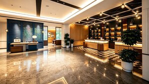 Um hall de hotel moderno com piso xadrez, balcão de recepção e área de bar.