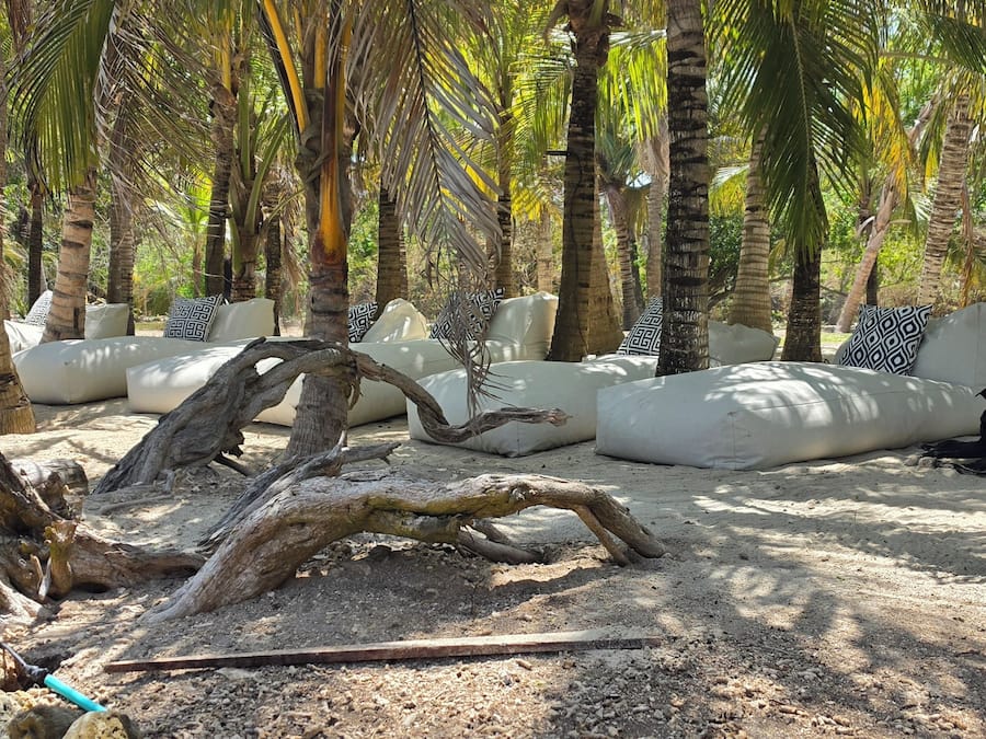 Cenário de praia com assentos acolchoados brancos e um tronco de árvore grande em primeiro plano.