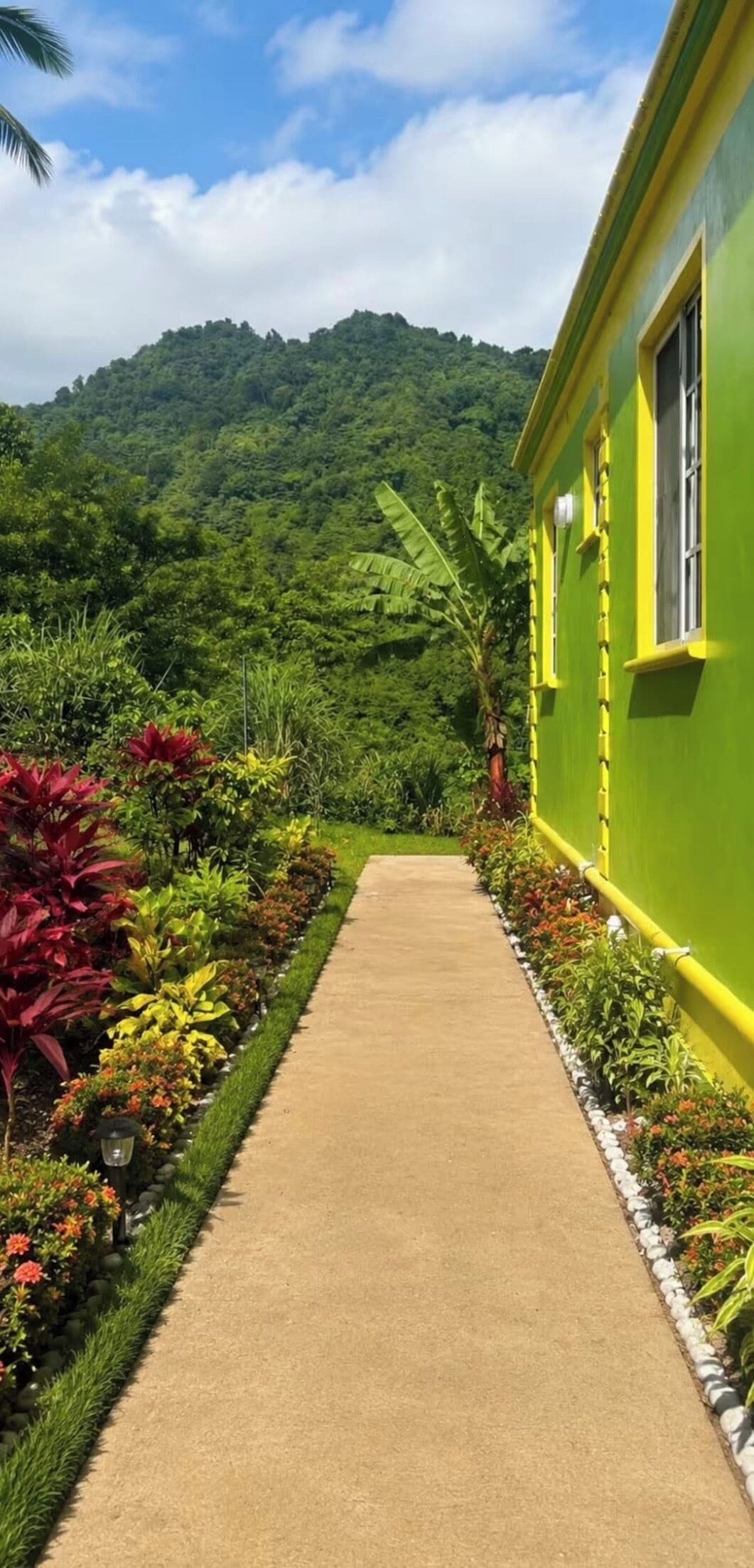 Uma trilha que leva a um edifício com fachada verde, rodeado por vegetação exuberante e um cenário montanhoso.